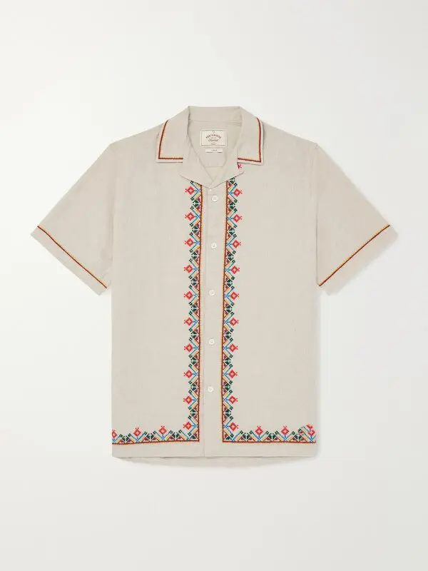 Portuguese Flannel Convertible-collar Embroidered Linen And Cotton-blend Shirt - Neutrals