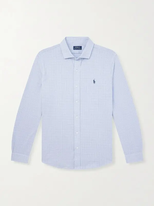 Polo Ralph Lauren Logo-embroidered Houndstooth Cotton-jersey Shirt - Blue
