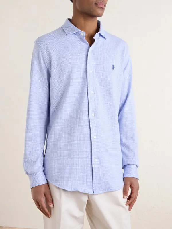 Polo Ralph Lauren Logo-embroidered Houndstooth Cotton-jersey Shirt - Blue