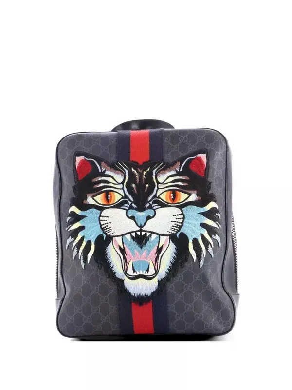 Gucci Gg Coated Canvas Angry Cat Applique Backpack - Black