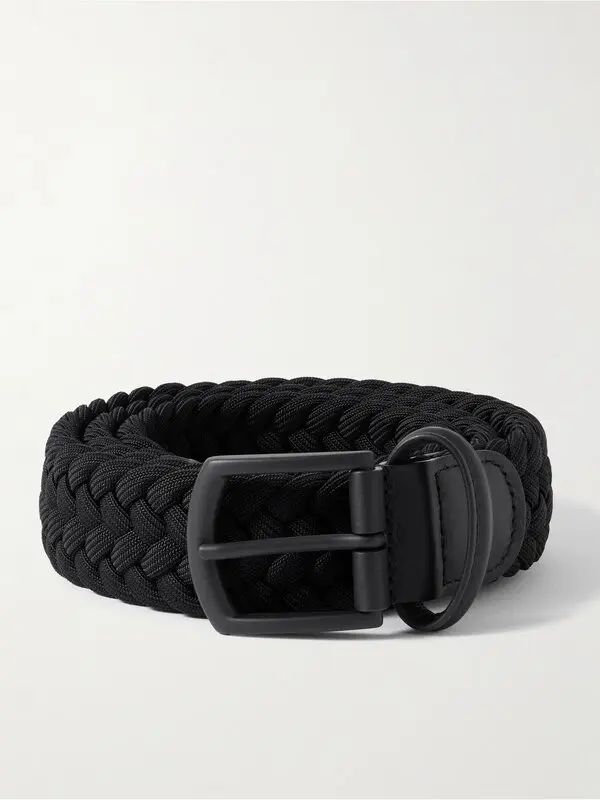 Anderson's 3.5cm Leather-trimmed Woven Elastic Belt - Black