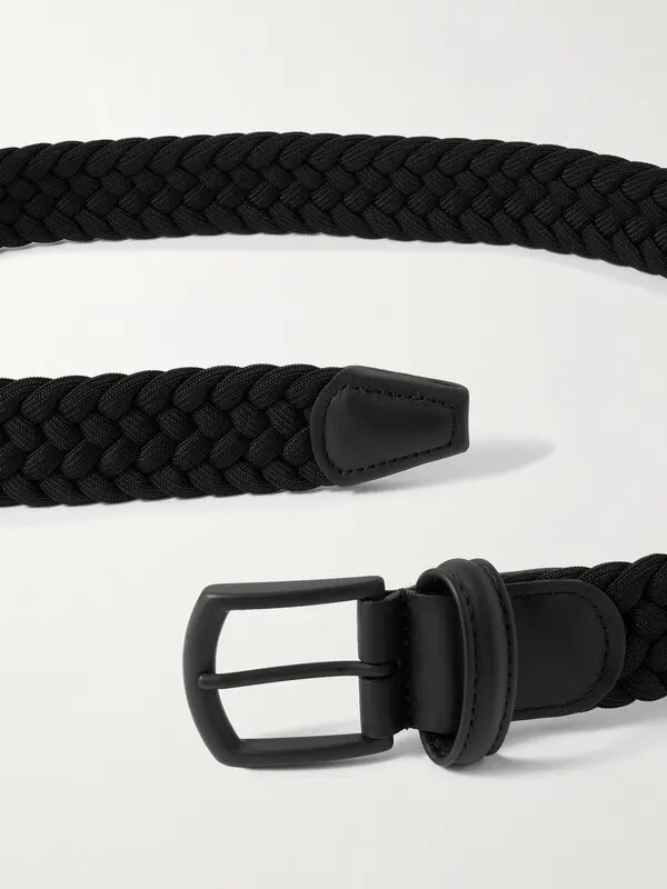 Anderson's 3.5cm Leather-trimmed Woven Elastic Belt - Black