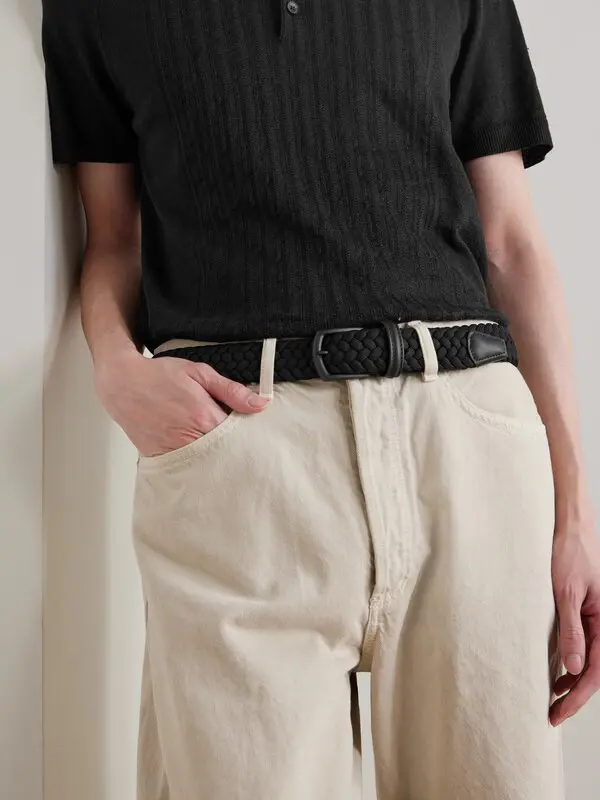 Anderson's 3.5cm Leather-trimmed Woven Elastic Belt - Black
