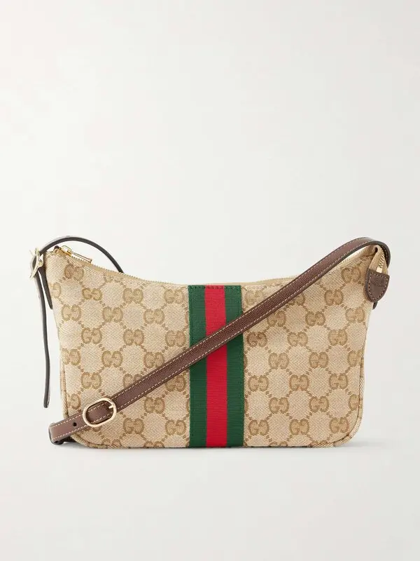 Gucci Lunetta Leather-trimmed Monogrammed Canvas Shoulder Bag - Beige