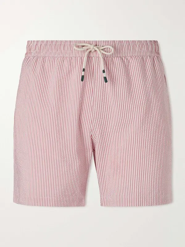 Hartford Straight-leg Mid-length Striped Seersucker Swim Shorts - Red