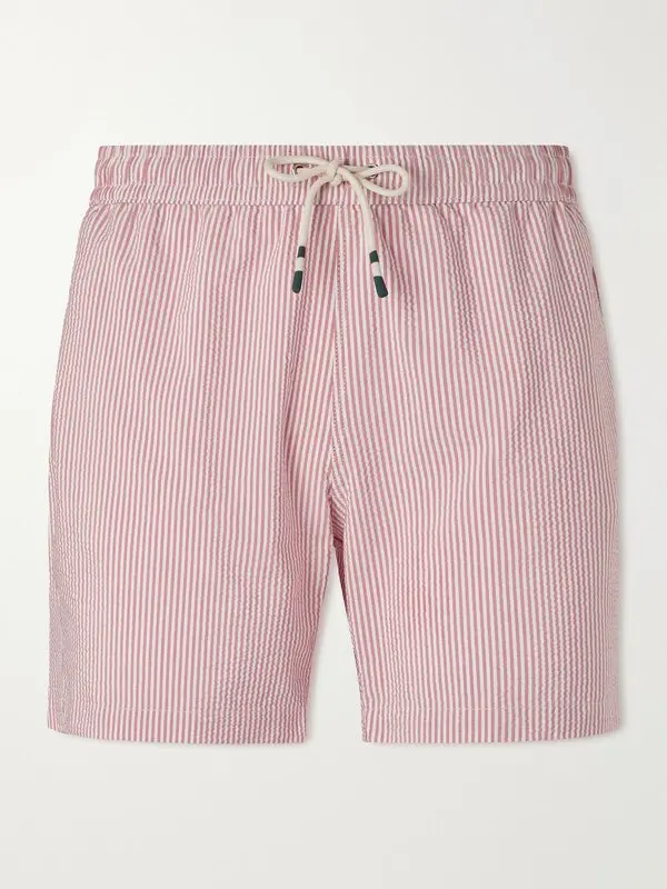 Hartford Straight-leg Mid-length Striped Seersucker Swim Shorts - Red