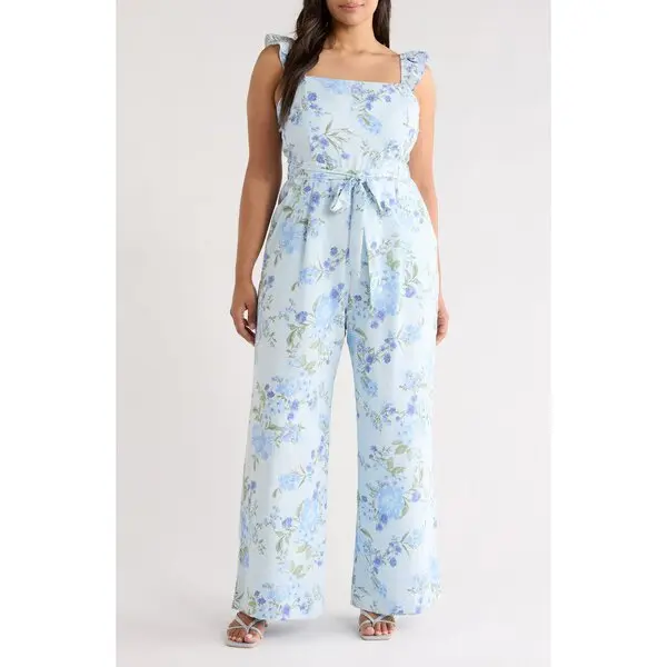 SUGARLIPS Dusty Floss Floral Flutter Sleeve Tie Belt Jumpsuit - Light-blue-multi