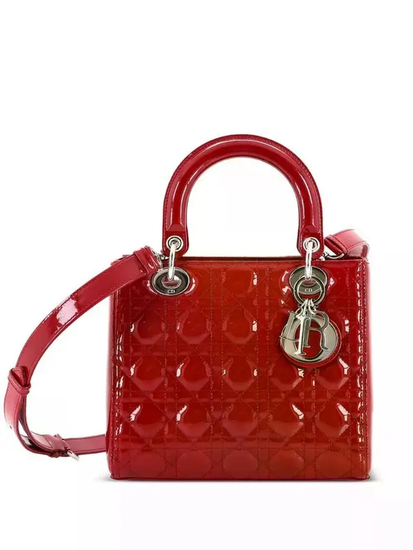 Dior Lady Bag Cannage Quilt Patent Medium Satchel - Red