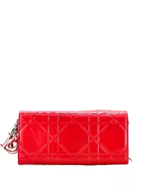 Dior Lady Rendez Vous Short Chain Wallet Cannage Embossed Patent Clutch Bag - Red