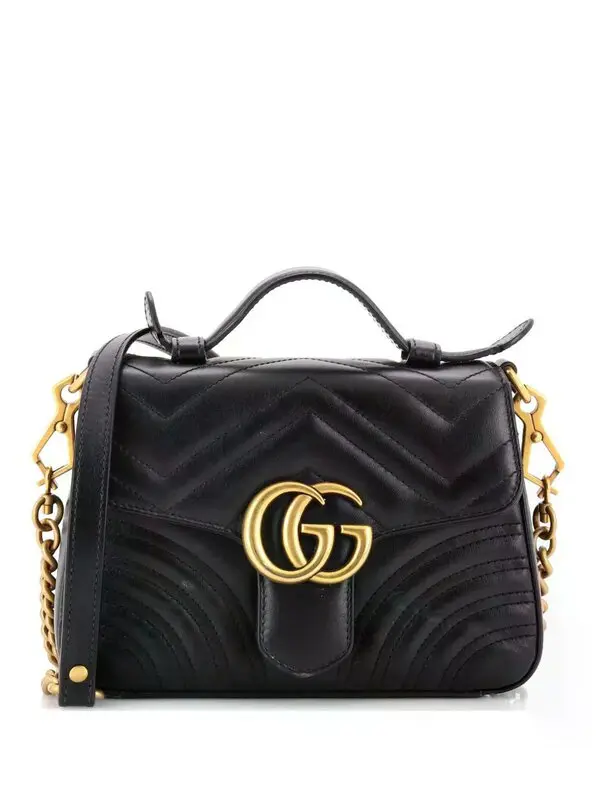 Gucci Gg Marmont Top Handle Flap Bag Matelasse Leather Mini Satchel - Black