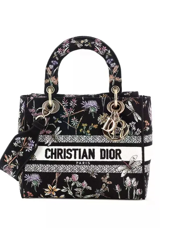 Dior Lady D-lite Bag Embroidered Canvas Medium Satchel - Black