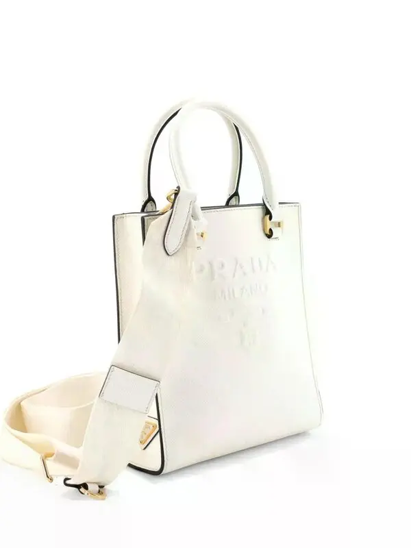 Prada Lux Embossed Logo Tote Saffiano Leather Small Shoulder Bag - White