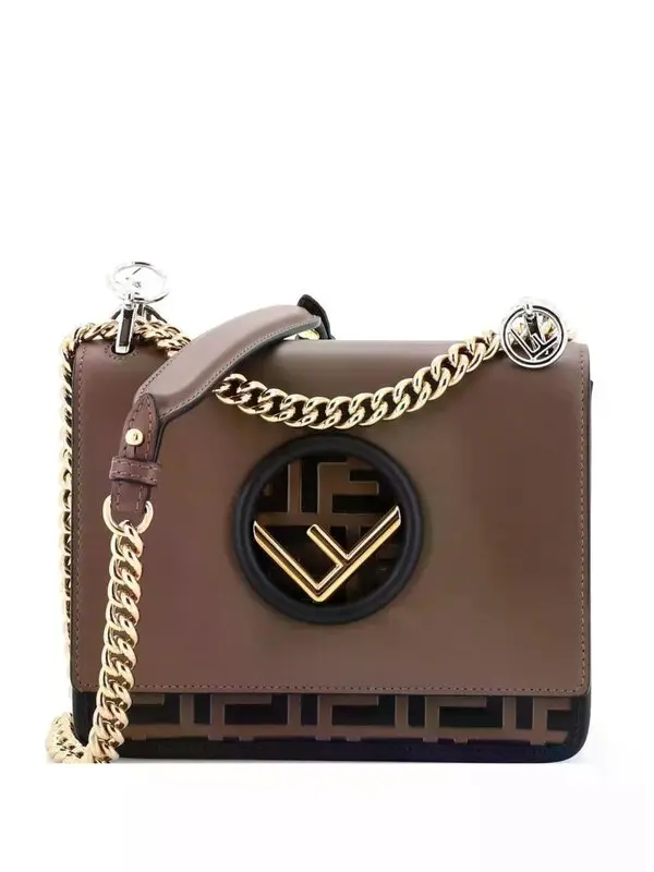 Fendi Kan I F Shoulder Bag Leather With Zucca Embossed Detail Small Crossbody Bag - Brown