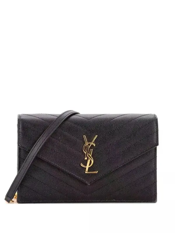 Saint Laurent Classic Monogram Wallet On Chain Matelasse Chevron Leather Small Crossbody Bag - Black