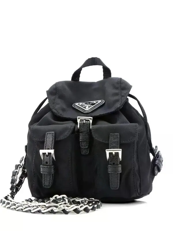 Prada Double Pocket Chain Shoulder Bag Re-nylon Mini Backpack - Black