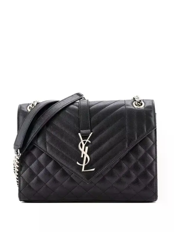 Saint Laurent Classic Monogram Envelope Satchel Mixed Matelasse Leather Medium Shoulder Bag - Black