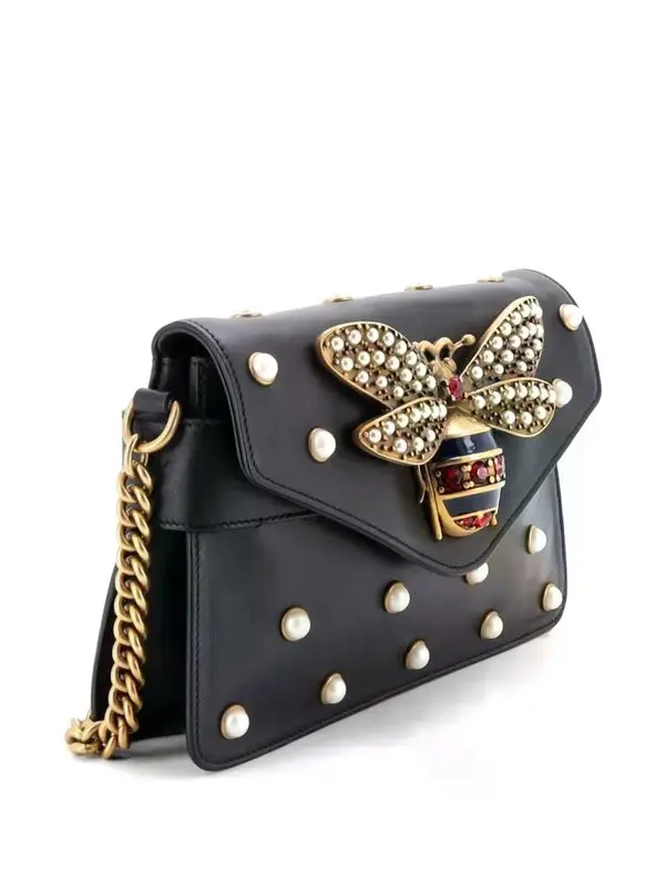 Gucci Broadway Pearly Bee Embellished Leather Mini Shoulder Bag - Black
