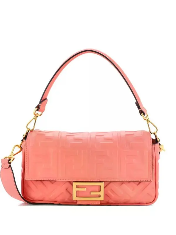 Fendi Baguette Nm Bag Zucca Embossed Leather Medium Crossbody Bag - Pink