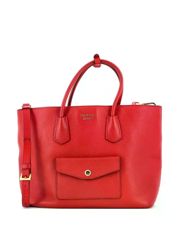 Prada Front Pocket Convertible Saffiano Leather Tote Bag - Red