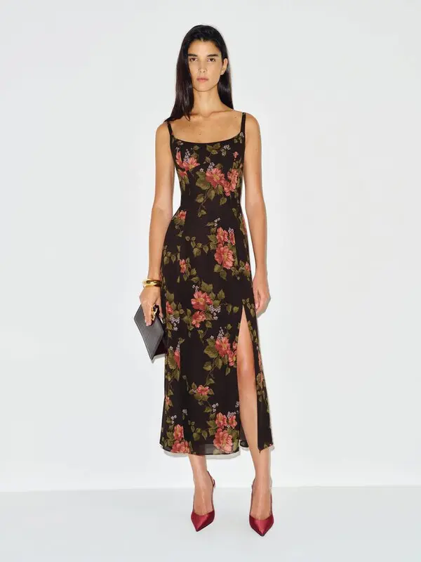 REFORMATION Ailany Midi Dress With Floral Print - Brown