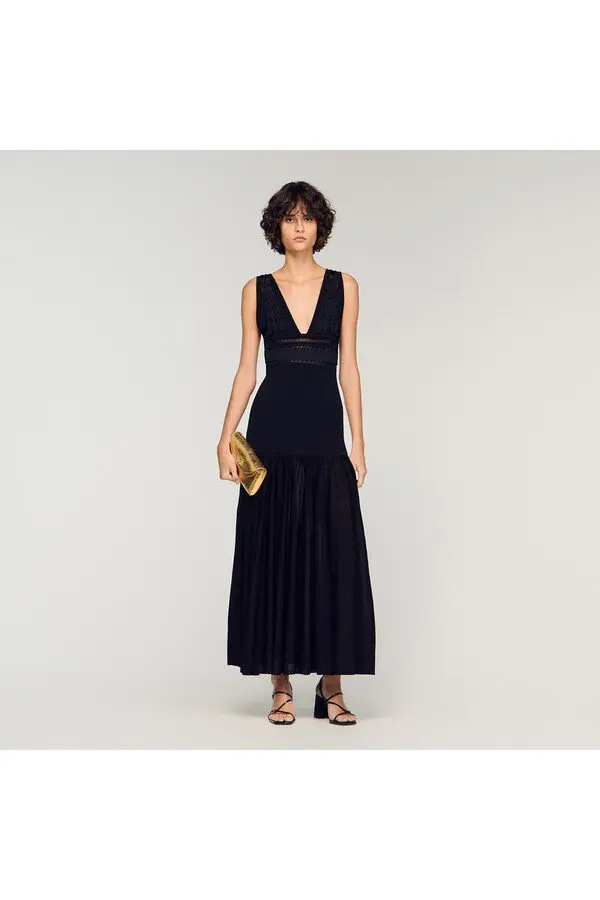 Sandro Ruffled Knit Maxi Dress - Black