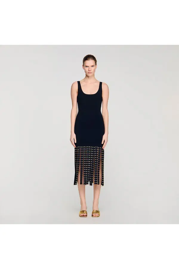 Sandro Fringed Knit Maxi Dress