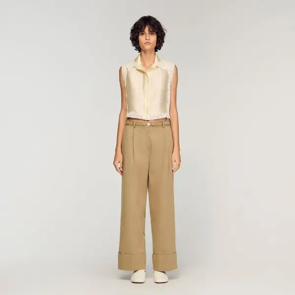 Sandro Sleeveless Cropped Shirt With Lace - Ecru