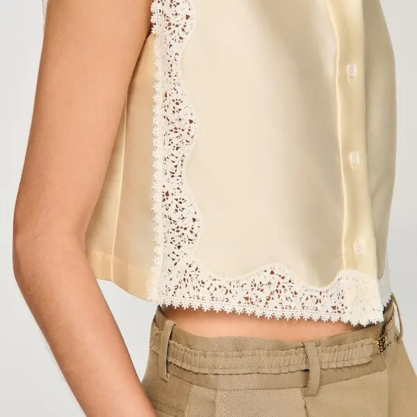 Sandro Sleeveless Cropped Shirt With Lace - Ecru