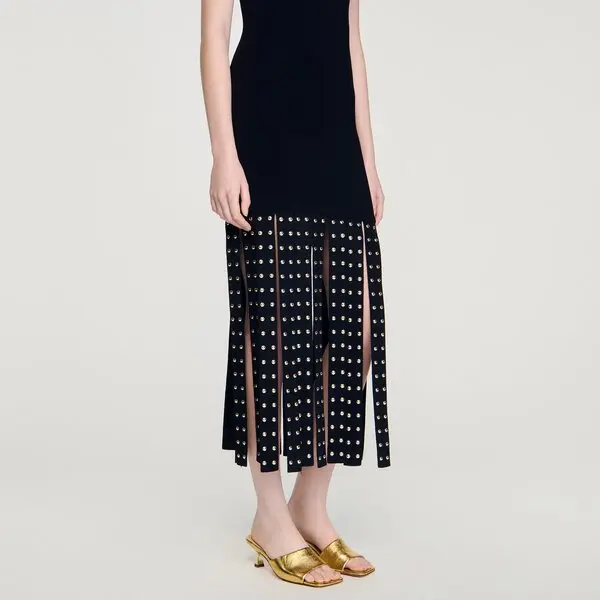 Sandro Fitted Knit Midi Dress With Fringes And Studs In Black - 30% Off |  Editorialist