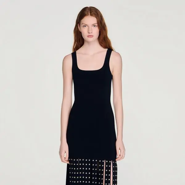 Sandro Fitted Knit Midi Dress With Fringes And Studs