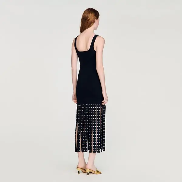 Sandro Fitted Knit Midi Dress With Fringes And Studs