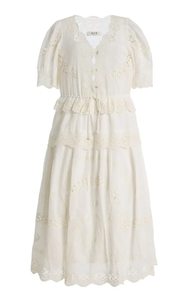 Sea Sofia Embroidered Puff-sleeve Cotton Midi Dress - Ivory