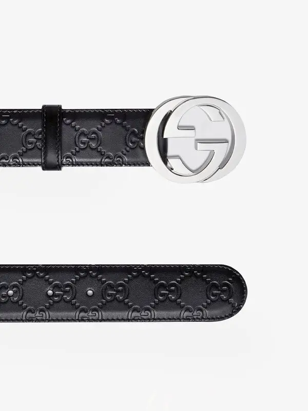 Gucci Leather Belt With Gg Silver Metal Buckle - Black