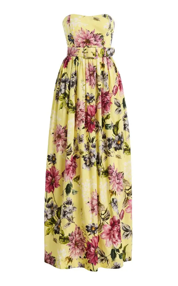 Cara Cara Greenfield Belted Strapless Floral Cotton Maxi Dress - Yellow