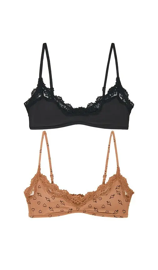SKIMS Fits Everybody Lace Scoop Bralette 2-pack In Black,tan - Onyx & Sketched Hearts