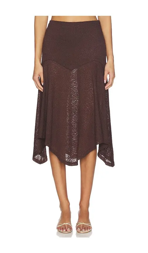 RUNAWAY THE LABEL Roxelle Handkerchief Midi Skirt In Chocolate - Bitter Chocolate