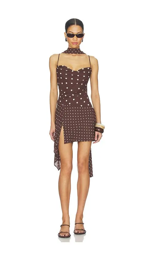 RUNAWAY THE LABEL Alora Scoop Neck Mini Dress In Chocolate - Choc & Lemon Polka