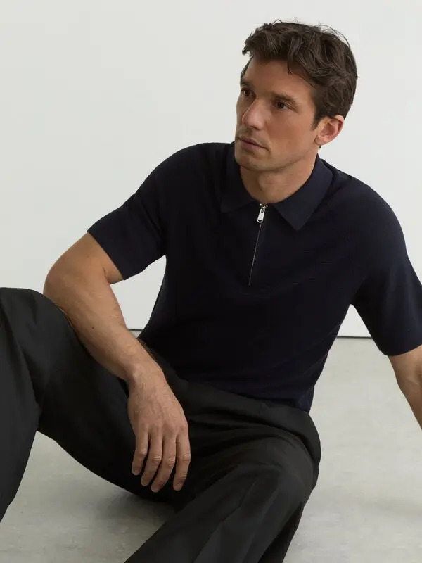 REISS Estate Textured-knit Half-zip Polo Shirt - Navy