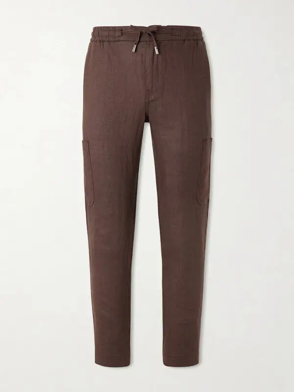 Mr P. James Tapered Linen Drawstring Cargo Trousers - Brown