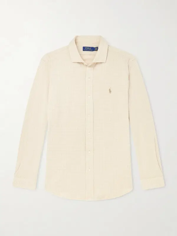 Polo Ralph Lauren Logo-embroidered Houndstooth Cotton-jersey Shirt - Neutrals