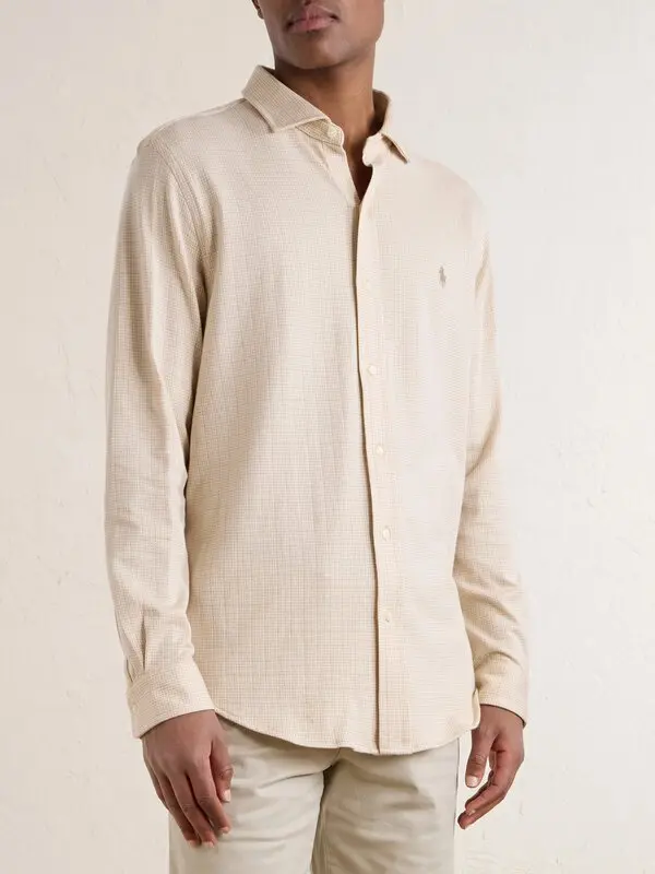 Polo Ralph Lauren Logo-embroidered Houndstooth Cotton-jersey Shirt - Neutrals