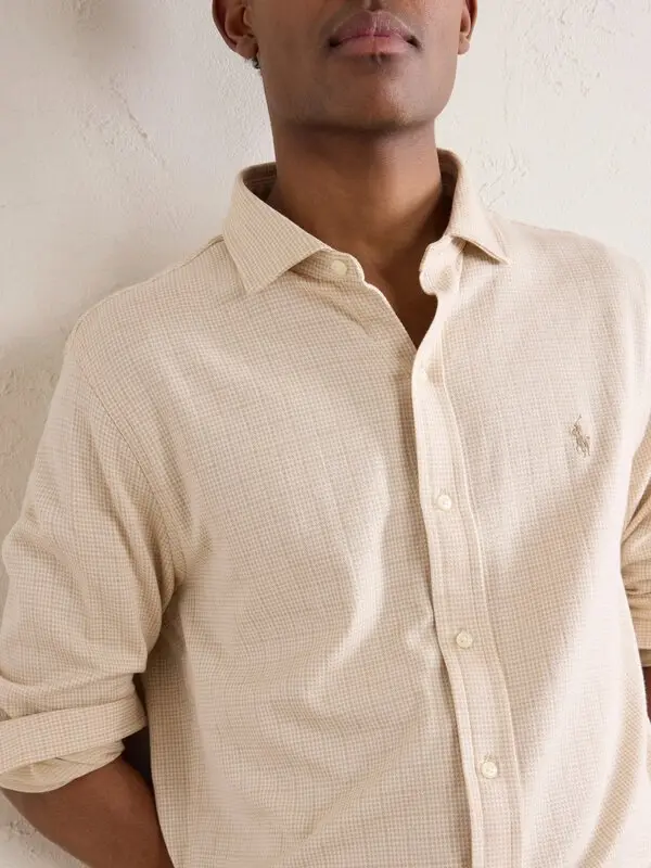 Polo Ralph Lauren Logo-embroidered Houndstooth Cotton-jersey Shirt - Neutrals