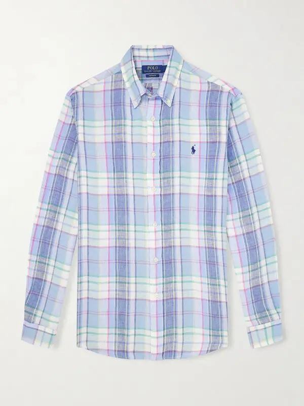 Polo Ralph Lauren Button-down Collar Logo-embroidered Checked Linen Shirt - Blue