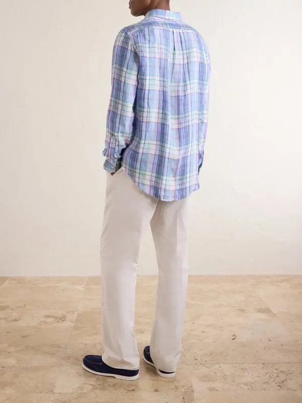 Polo Ralph Lauren Button-down Collar Logo-embroidered Checked Linen Shirt - Blue