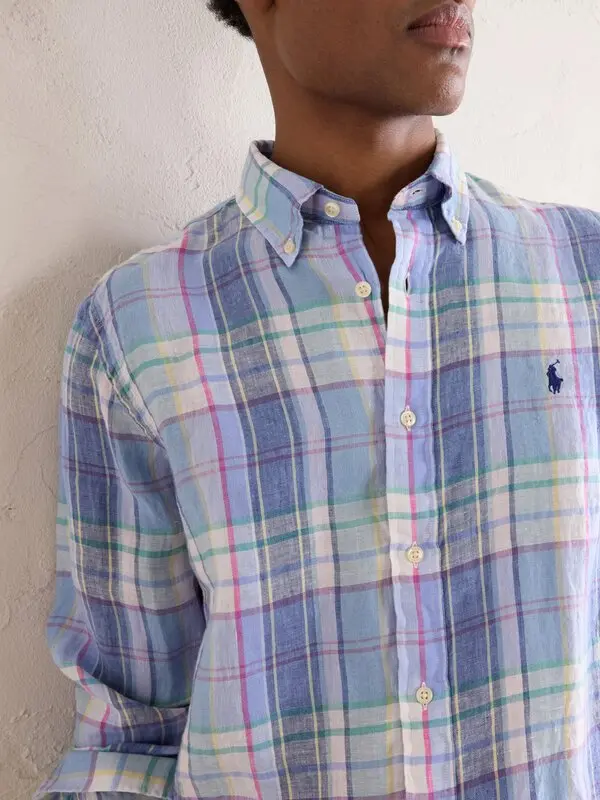 Polo Ralph Lauren Button-down Collar Logo-embroidered Checked Linen Shirt - Blue