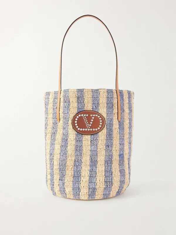Valentino Garavani Vlogo Signature Embellished Leather-trimmed Striped Raffia Bucket Bag - Beige