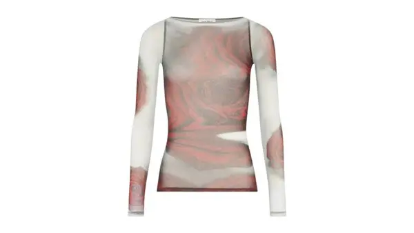 JEAN PAUL GAULTIER Mesh With Long Sleeve Printed Blurry Roses Boat Neck Top - White/grey