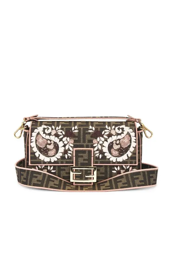 Fendi Zucca Embroidered Baguette Shoulder Bag - Brown