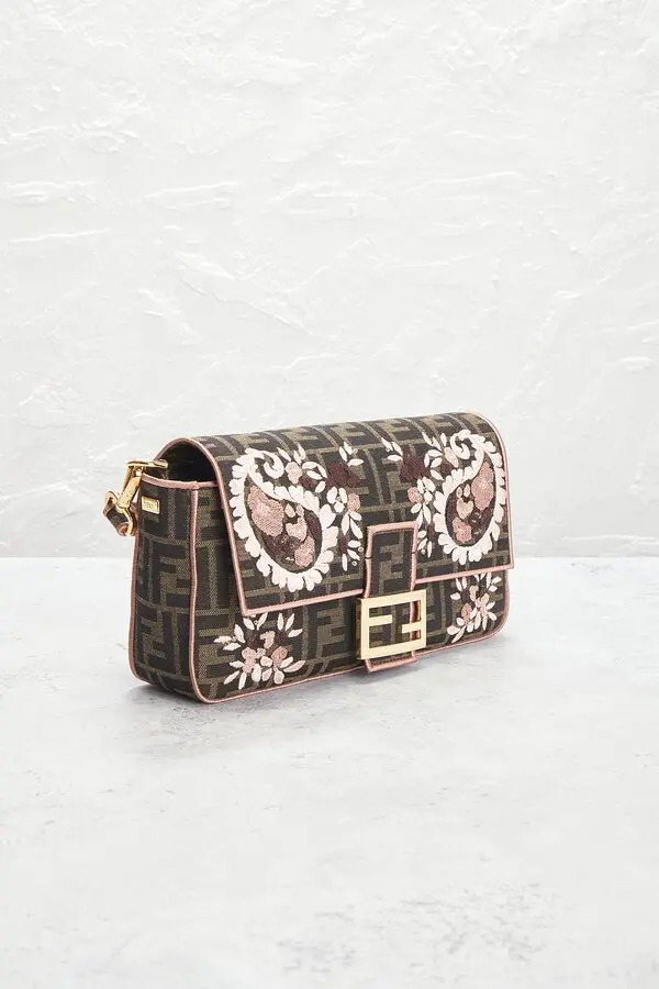 Fendi Zucca Embroidered Baguette Shoulder Bag - Brown