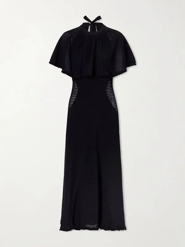 LANVIN Cape-effect Open-knit And Jersey Midi Dress - Black